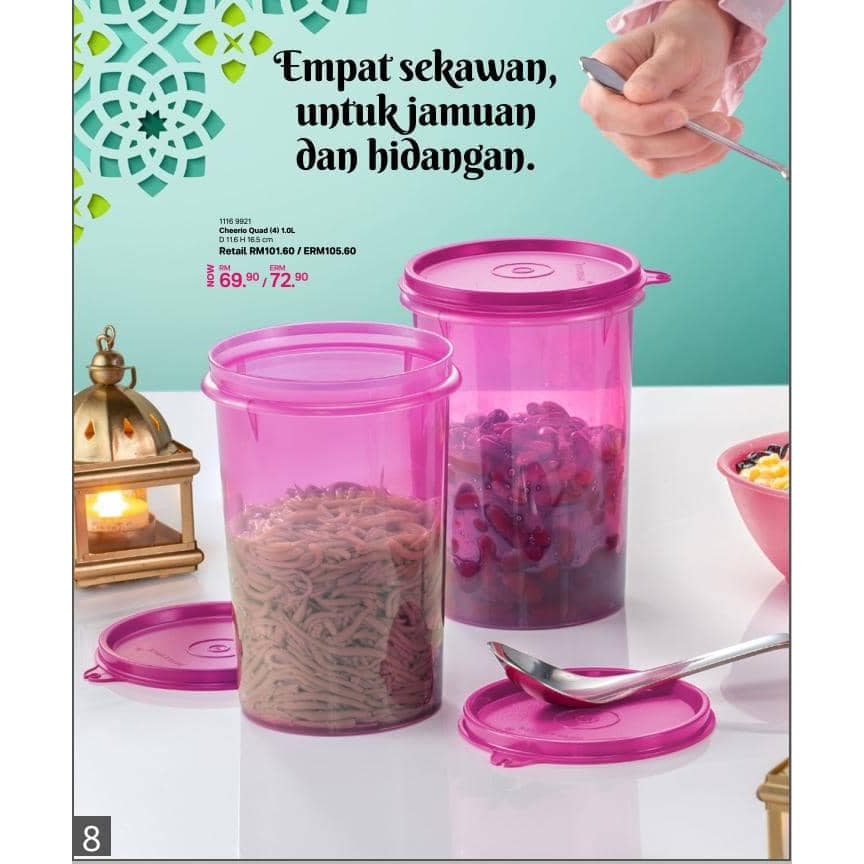 Tupperware Cheerio Quad 1L Food container Bekas tupperware bekal tupperware biru ungu merah Tong ...