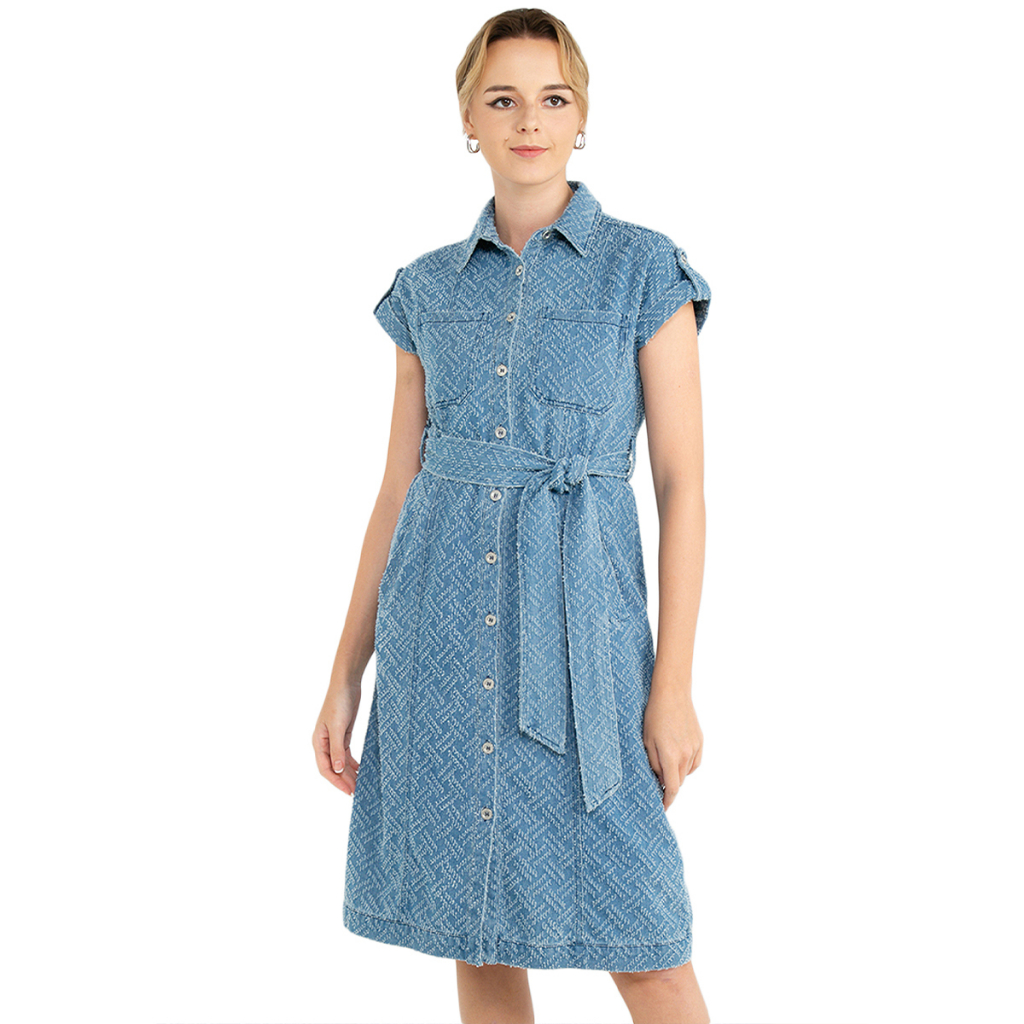 ELLE Apparel Denim Jacquard Belted Dress ES100646-A302303 | Shopee Malaysia