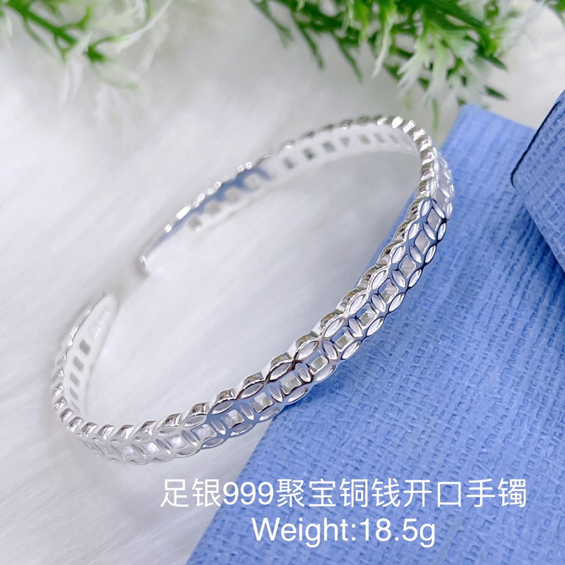 999足银【聚宝铜钱】开口手镯/闰月手镯送妈妈长辈礼物/Silver Bangle | Shopee Malaysia
