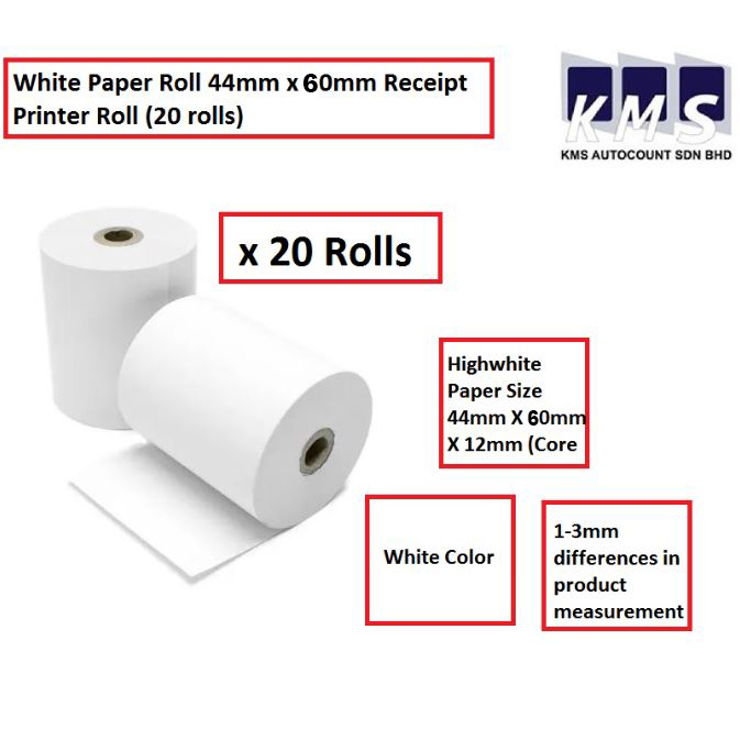 White Paper Roll 44mm x 60mm Receipt Printer Roll (20 rolls) | Shopee ...