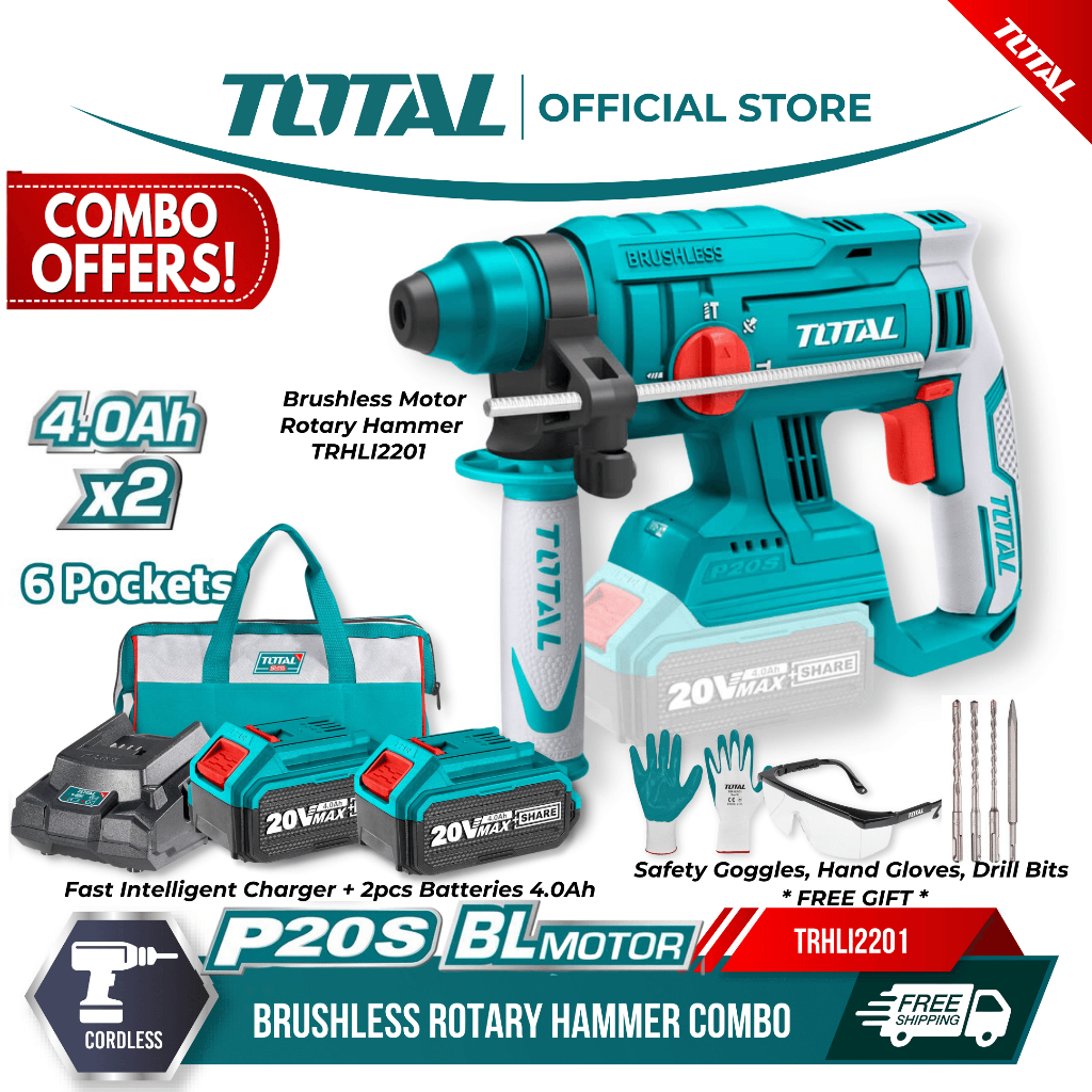 Total Li-ion Cordless Brushless Rotary Hammer 4.0Ah Combo TRHLI2201 ...