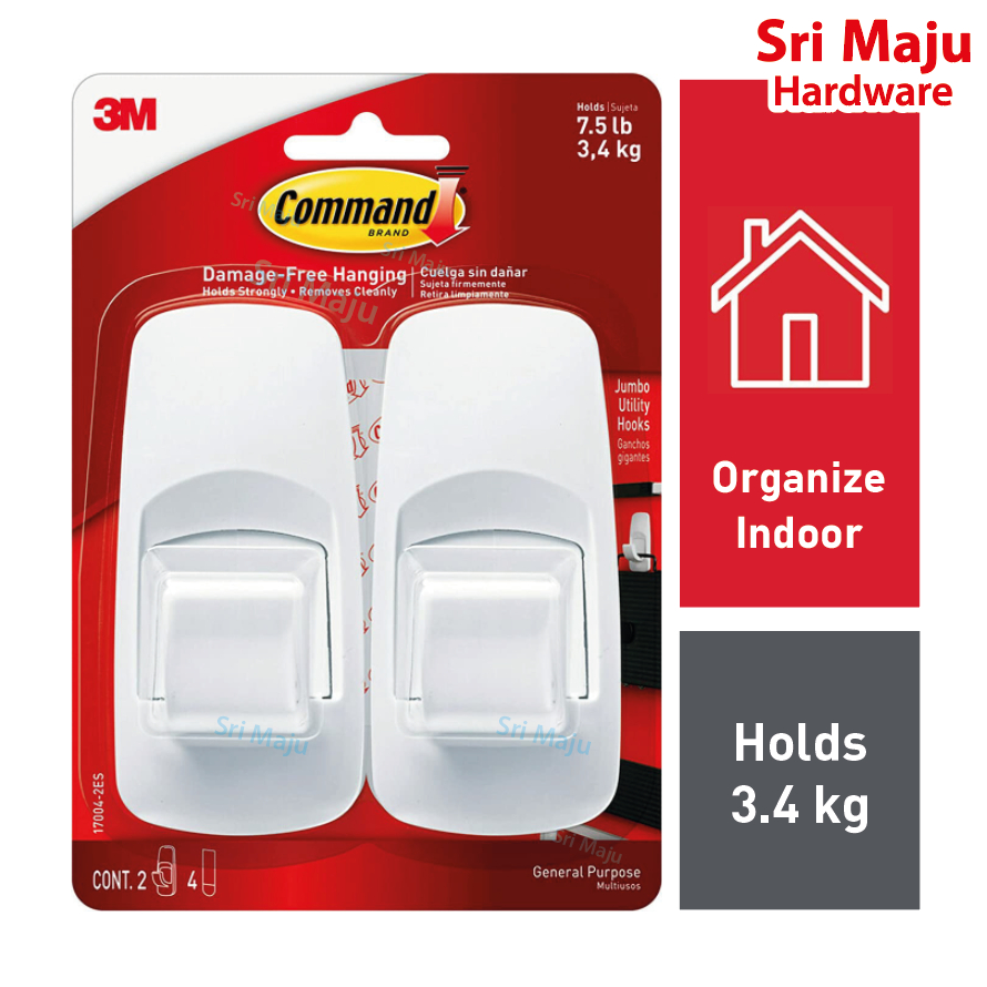 MAJU 3M Command 17004-2 Value Pack Jumbo Large Hook General Purpose Wall Hanger Utility Double ...