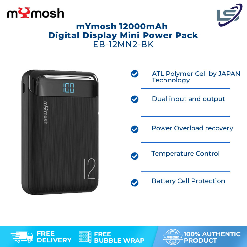 mYmosh 12000mAh Digital Display Mini Power Pack | EB-12MN2-BK | Battery ...