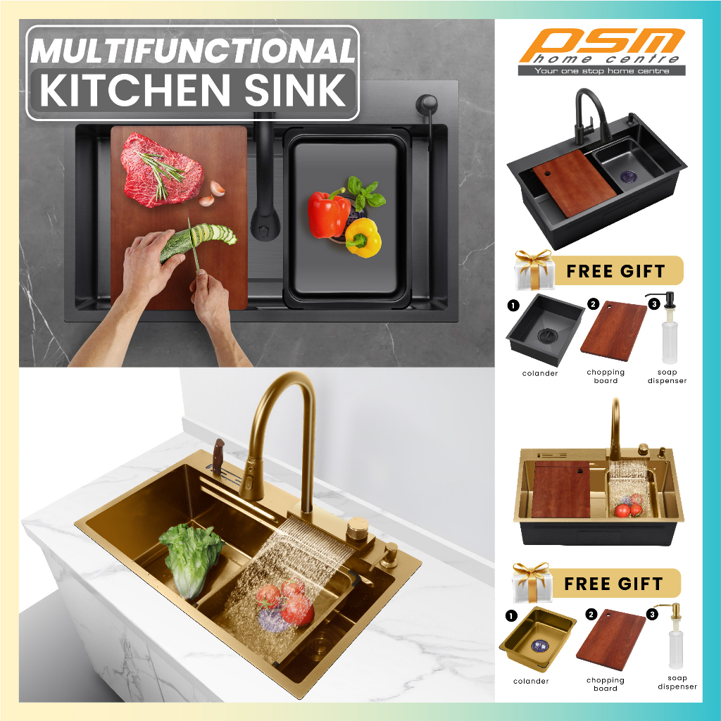 Stainless Steel 304 80CM X 50CM WaterFall NANO Black Gold Kitchen Sink ...