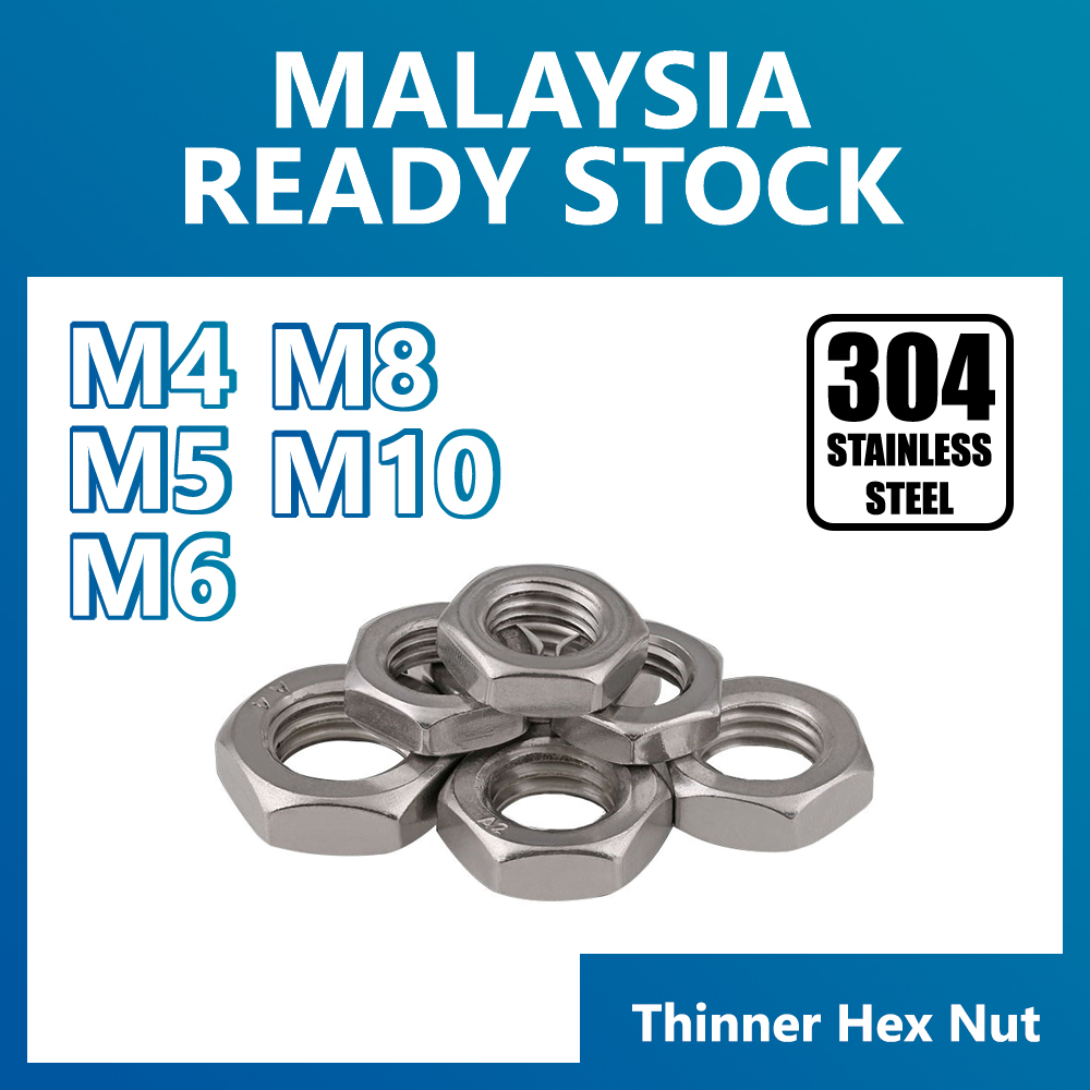 Thinner Hex Nut M4 M5 M6 M8 M10 304 Stainless Steel Hexagon Nut DIN439 | Shopee Malaysia
