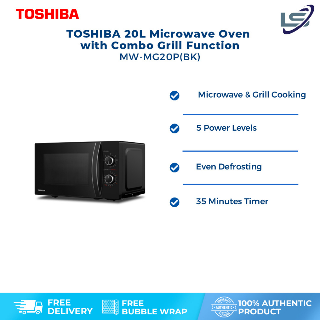 TOSHIBA 20L Microwave Oven MW-MG20P(BK) | Grill & Microwave Combination | 5 Power Levels | Even ...