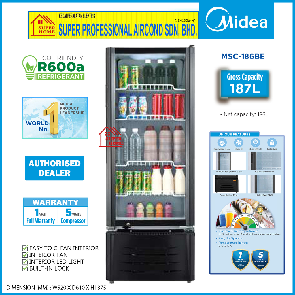 Midea Chiller Showcase MSC-186BE (187L) / MDRZ302FGG30 (211L) R600A ECO ...