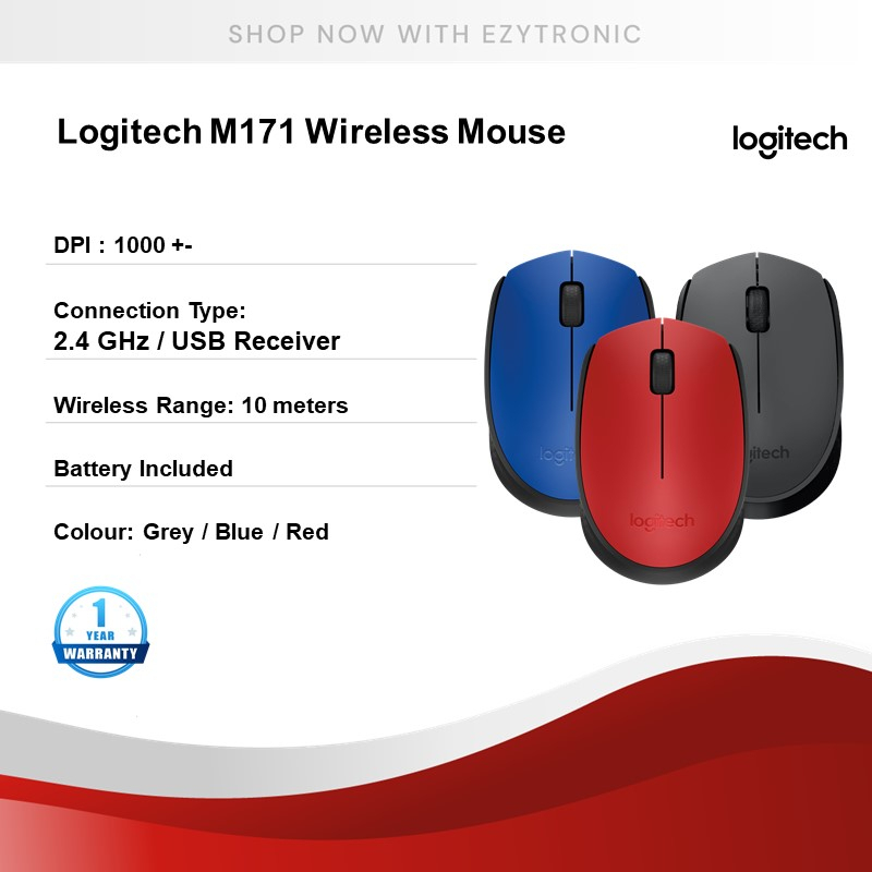 Logitech M171 Wireless Mouse - 1000 dpi | 2.4 GHz / USB Connect | Grey ...