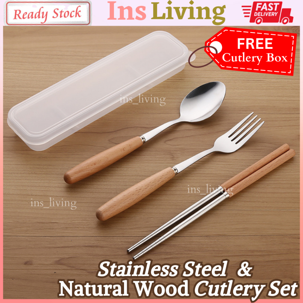 3in1+Box Wood Stainless Steel Cutleries Cutlery Lunchbox Cutleries ...