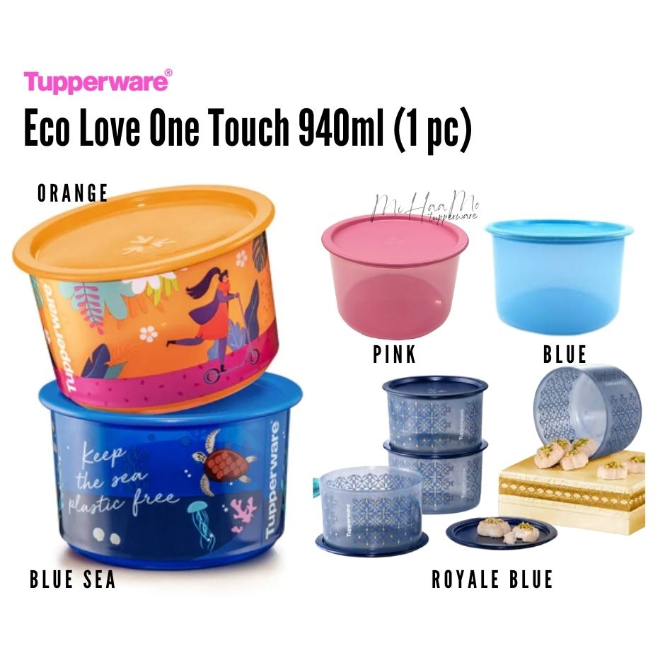 Tupperware OT One Touch Eco Love Pink Blue Garden Blooms 950ml (4pcs) Air Tight Food Container ...