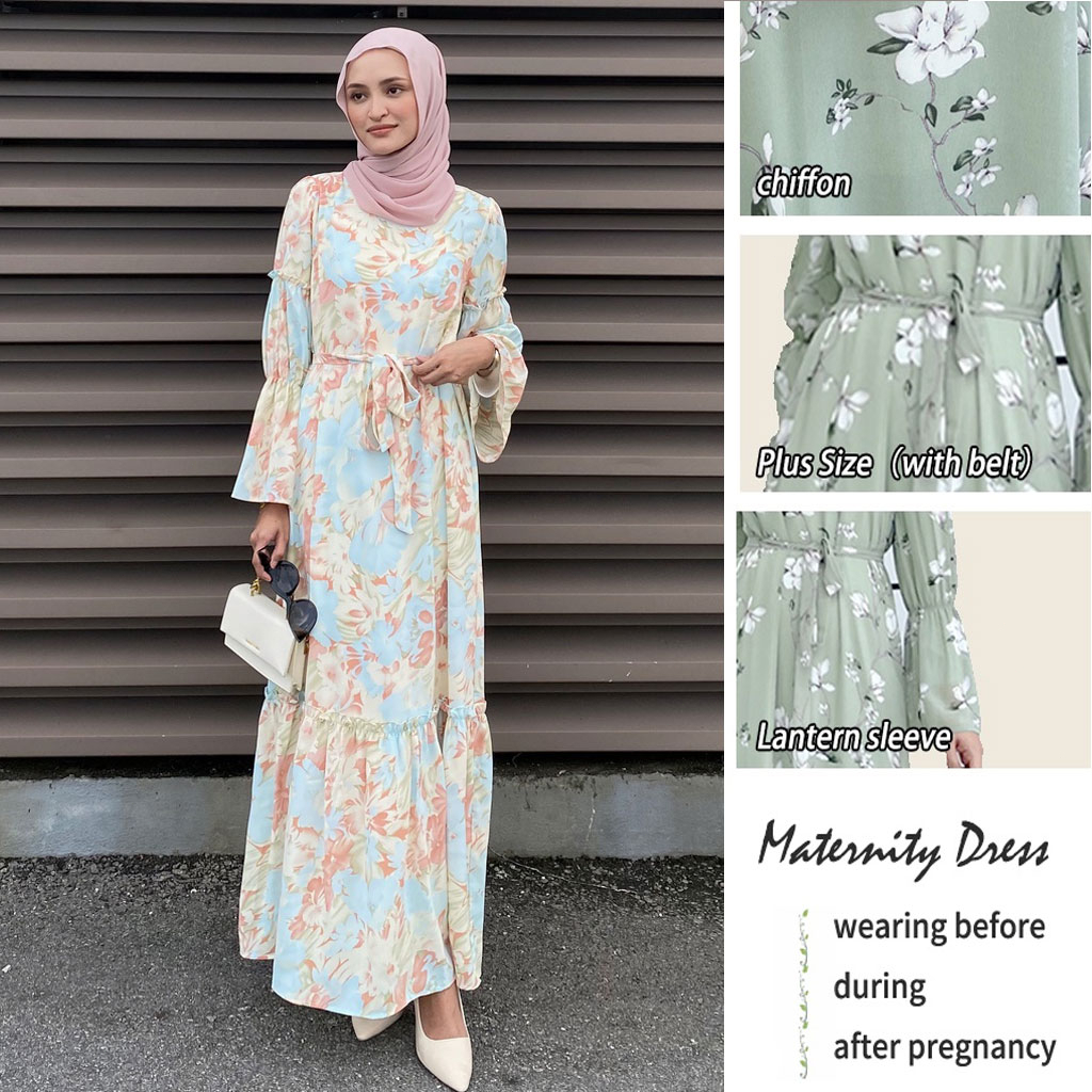 Maternity dress Chiffon Floral abaya jubah Muslimah Floral Ruffle ...