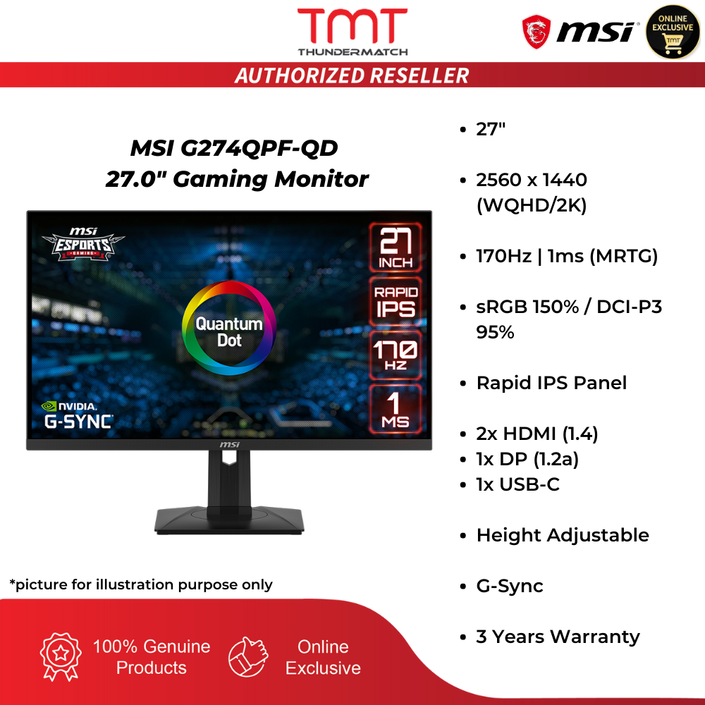 MSI G274QPF-QD 27.0" Gaming Monitor | 1ms (GTG) 170Hz | 2560 x 1440 (WQHD/2K) Rapid IPS Panel ...