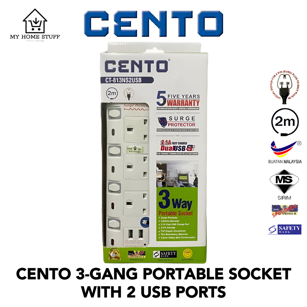CENTO 3/4/5-GANG SOCKET WITH SURGE PROTECTOR & 2X USB PORTS (2M ...