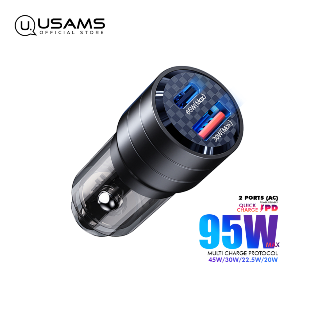 USAMS 2 Ports PD 95W Fast Car Charger Aluminum Alloy with PPS Technology Support Charging Laptop ...