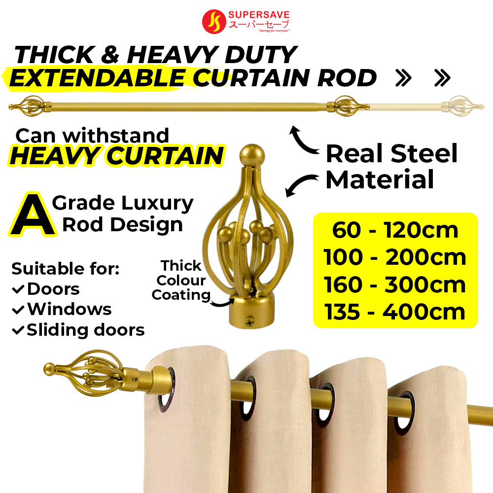 SUPERSAVE Heavy Duty Extendable Curtain Rod Set Golden Metal Rod Hook O ...