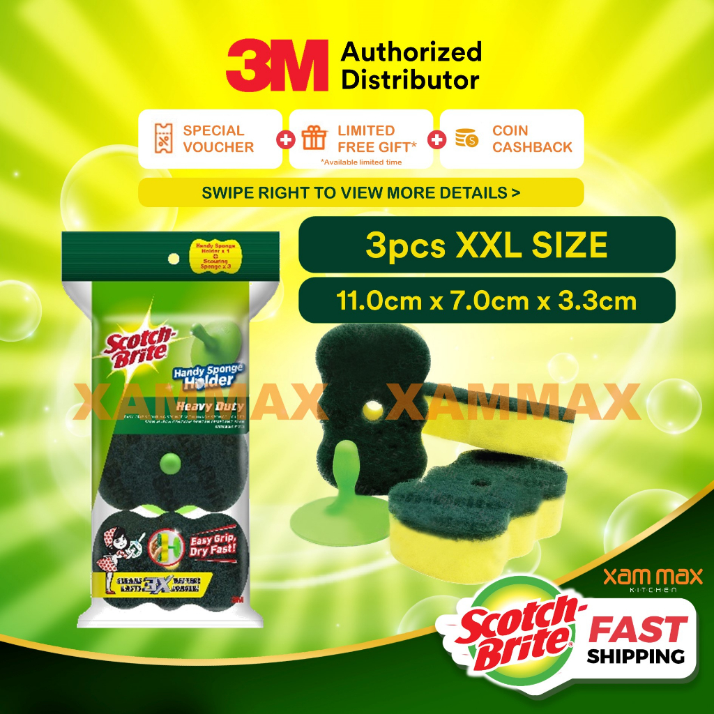 3M Scotch Brite - 3'pcs Set (1248) Easy Grip Holder Heavy Duty Scouring ...