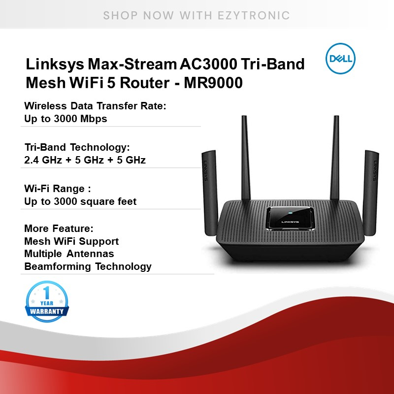 Linksys Max-Stream AC3000 Tri-Band Mesh WiFi 5 Router - MR9000 - up to ...