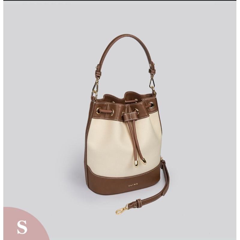SAIME 皮革帆布拼接花苞水桶包 S'aime Canvas Drawstring Bucket Bag | Shopee Malaysia