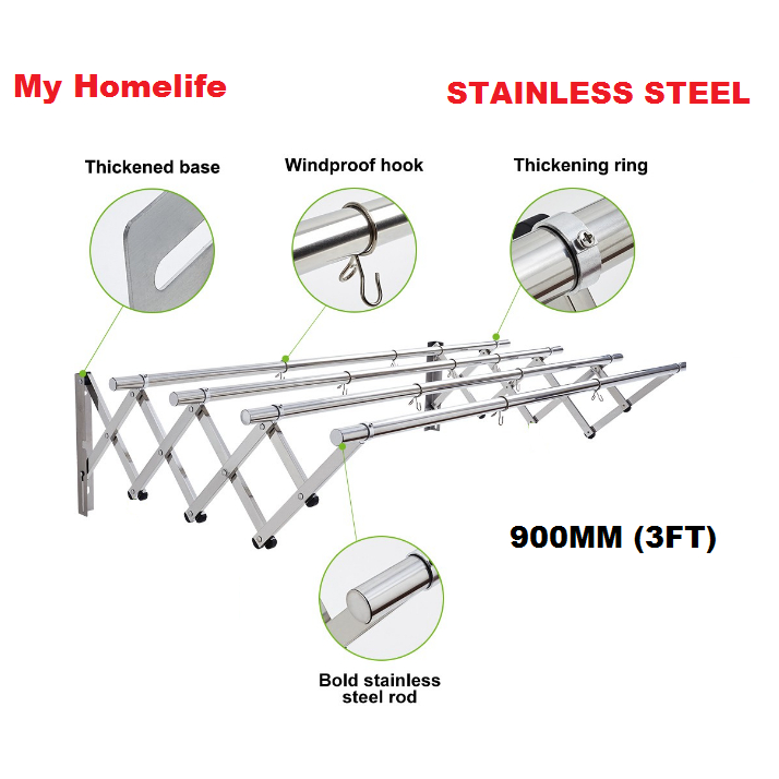 STAINLESS STEEL WALL MOUNTED CLOTH HANGER / 900MM (3 FEET) (NON ...