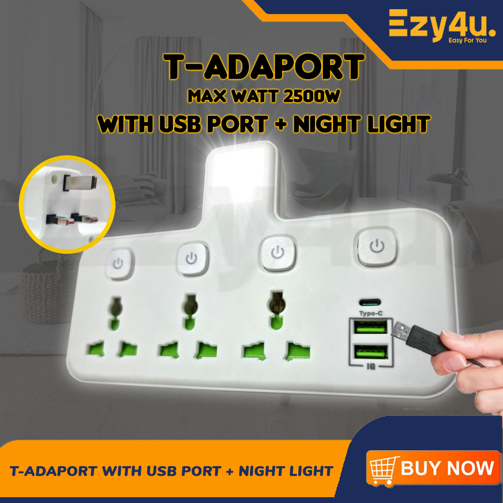 3 PIN T ADAPORT ADAPTOR ADAPTER SOCKET OUTLET TYPE C 2 USB PORT NIGHT ...