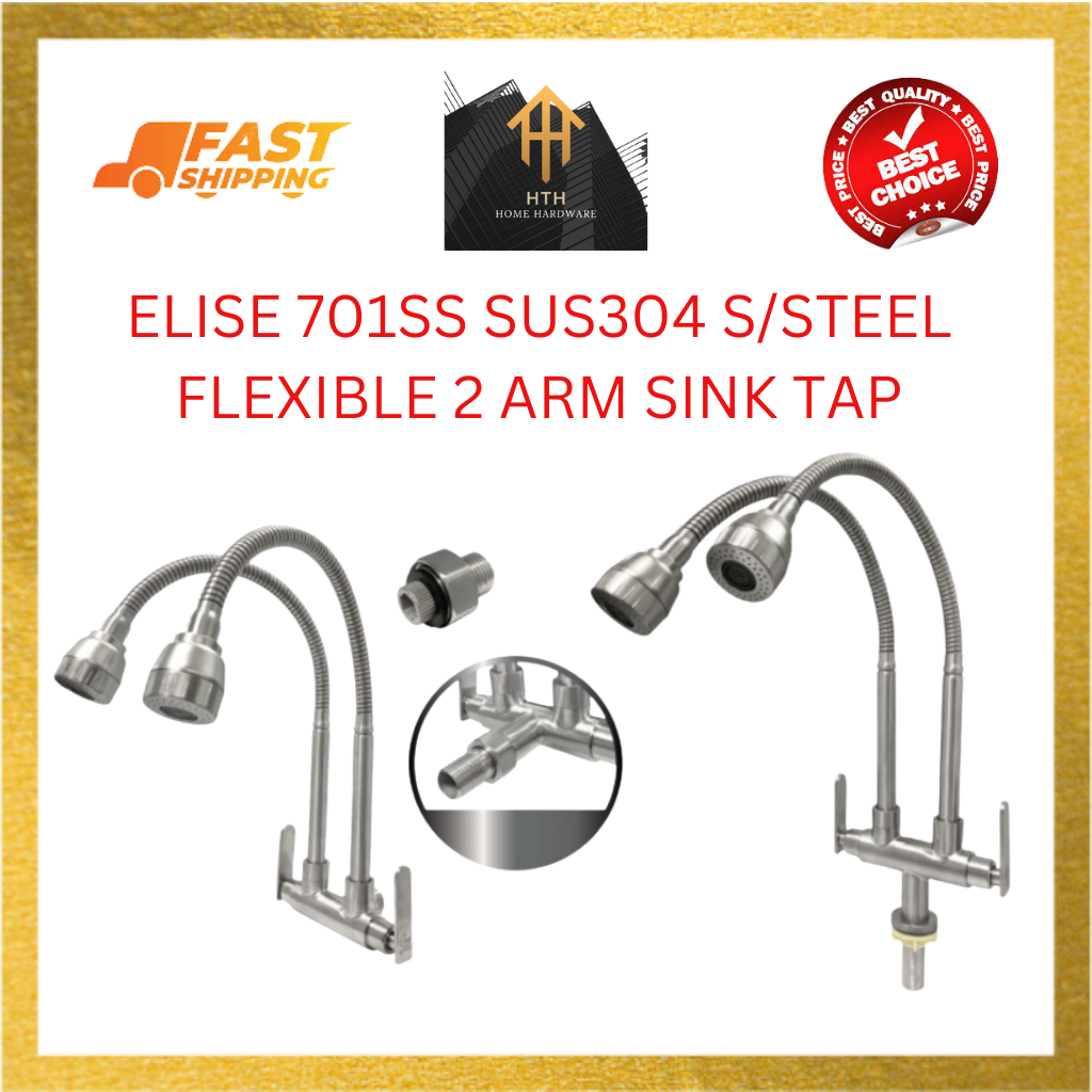 ELISE 701SS SUS304 S/STEEL FLEXIBLE 2 ARM SINK TAP (WALL/PILLAR ...