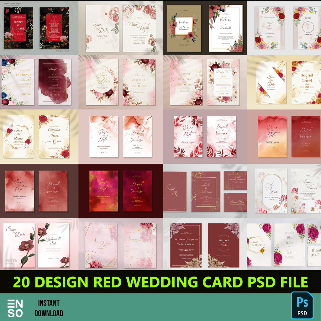 20 Set Red Wedding Invitation Card PSD Editable File | Wedding Card ...