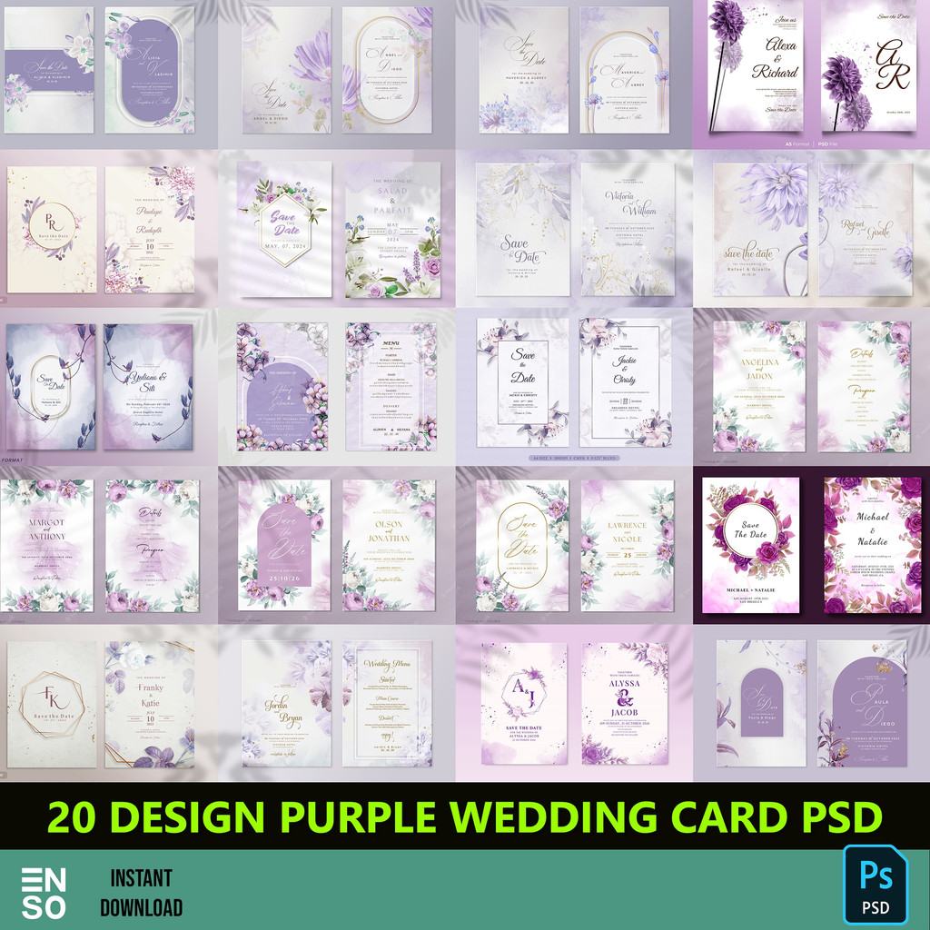 20Set Purple Wedding Invitation Card PSD Editable File | Wedding Card ...