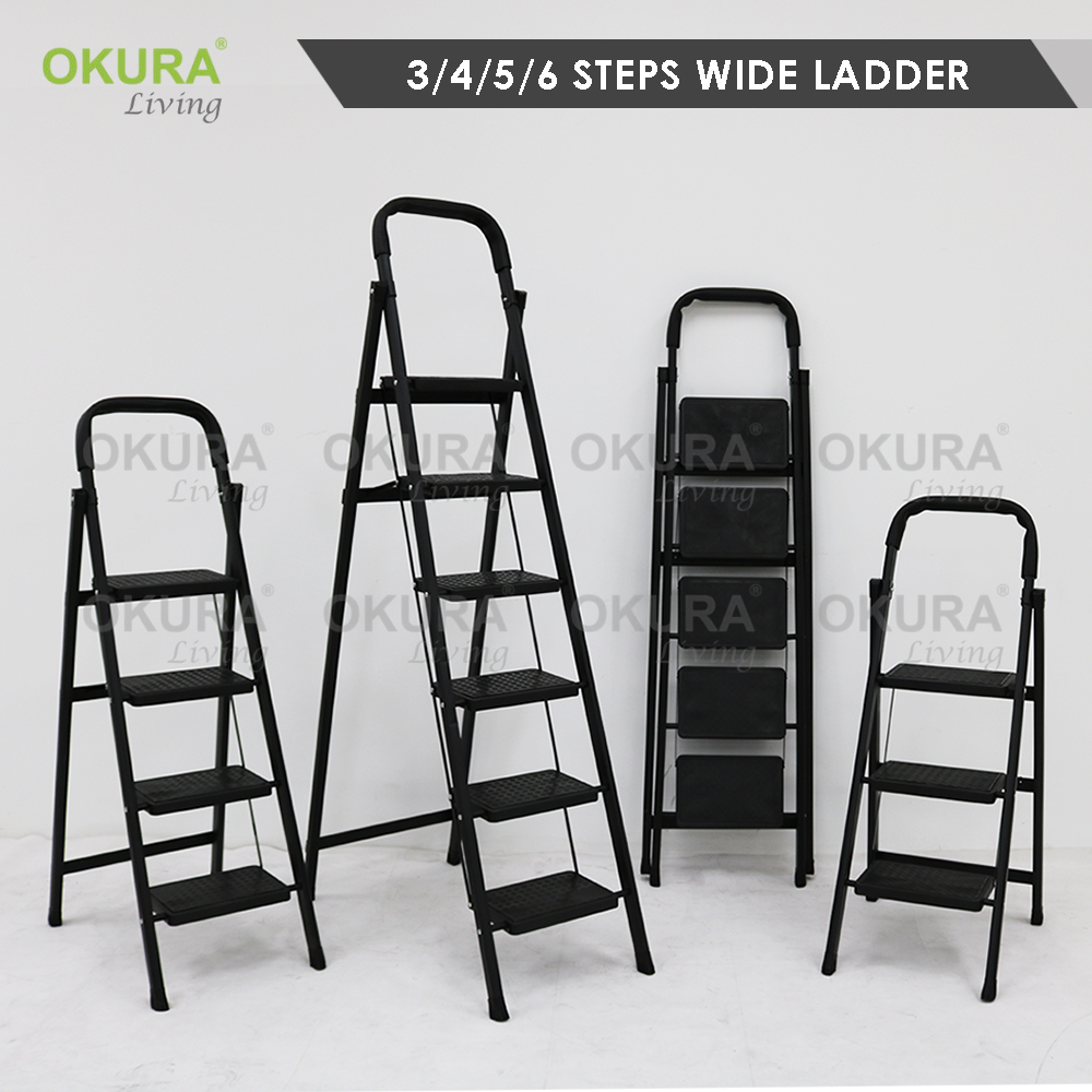 OKURA Folding Steel Pipe 3 / 4 / 5 / 6 Wide Step Ladder Foldable Household Indoor Platform Stair ...