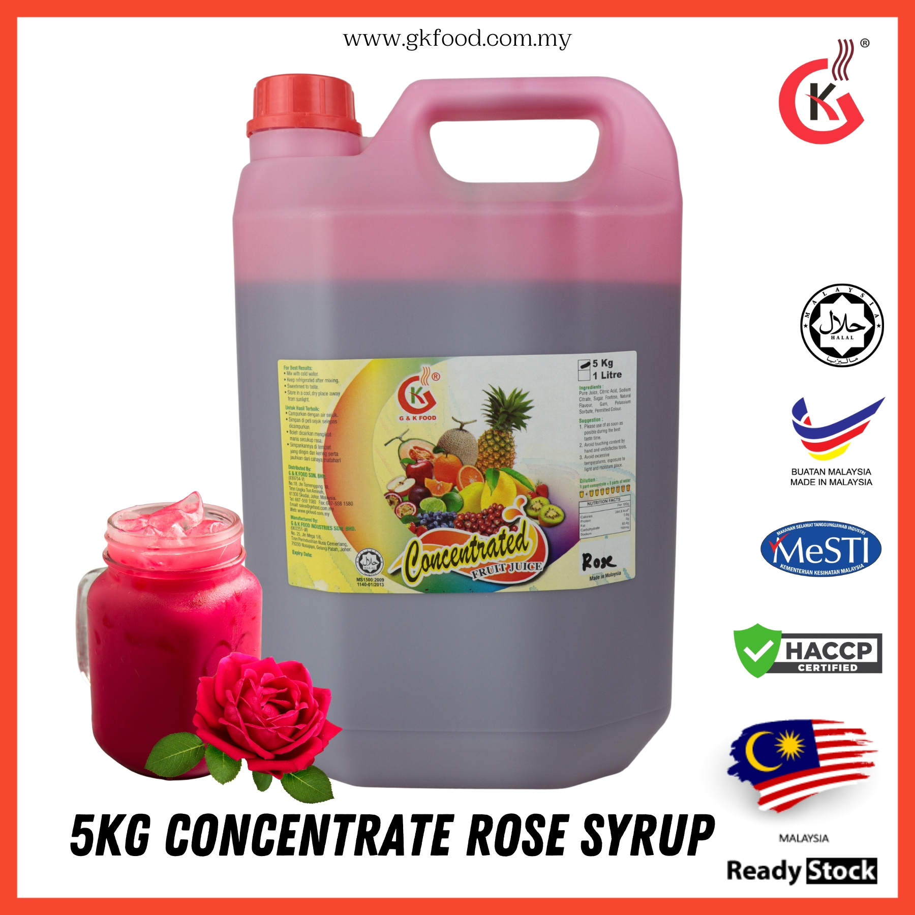 G&K 1:8 Concentrate Rose Syrup 5kg(4L) | Syrup Bandung Pekat Halal ...