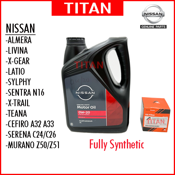 Nissan Fully Synthetic 0W20 Engine Oil 4L SN + TC oil filter | Shopee ...