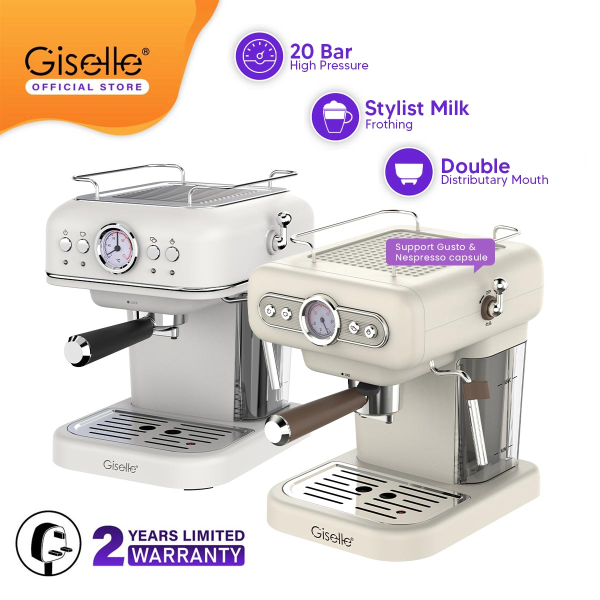 20 Bar Giselle 1.0L Espresso Automatic Retro Series Coffee Machine ...