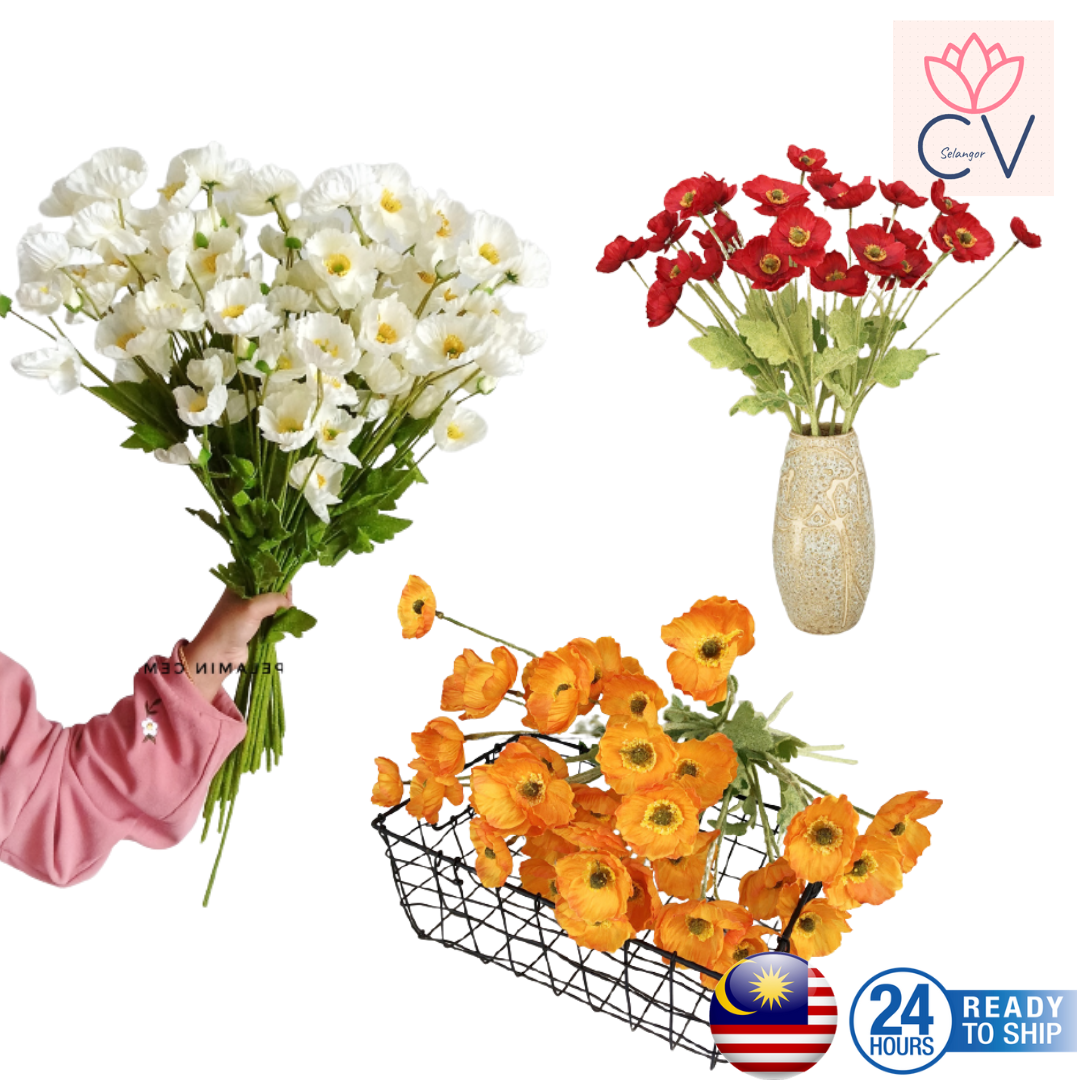 4 Head Poppies Artificial Flower for Wedding Home Office Bunga Poppy ...