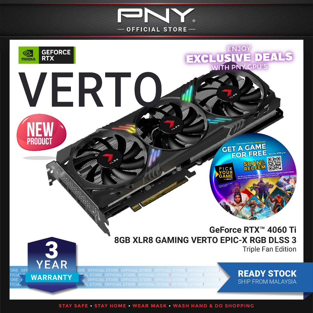 PNY GeForce RTX™ 4060 Ti 8GB XLR8 Gaming VERTO™ EPIC-X RGB Triple Fan ...