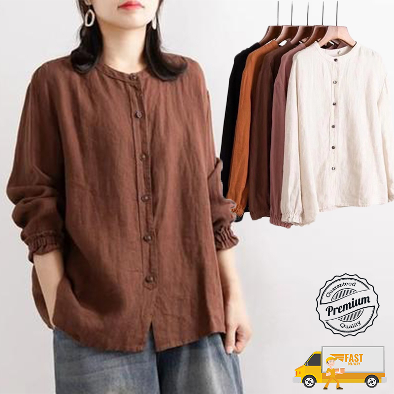 👗Ready Stock👗S-5XL women blouse Cotton Linen Blouse Long Sleeves ...