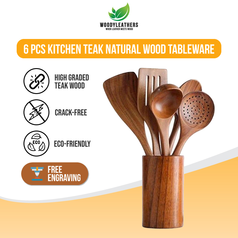 6 PCS Kitchen Teak Natural Wood Tableware Ladle Turner Soup Skimmer ...