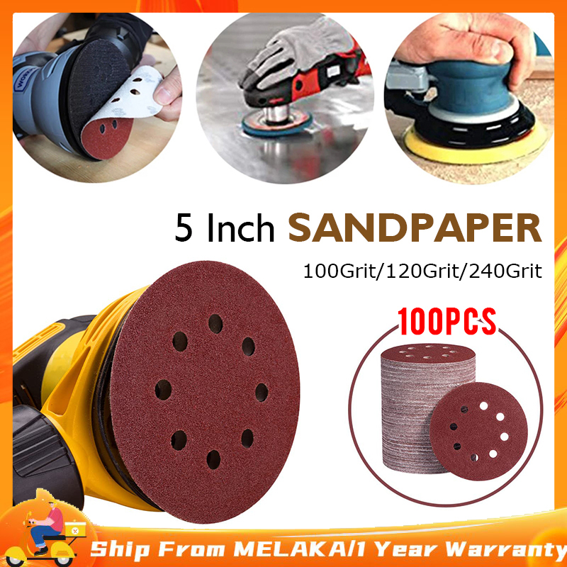 100Pcs 5" (125mm) 8 Hole Round Sandpaper Orbit Orbital Sand Sanding ...