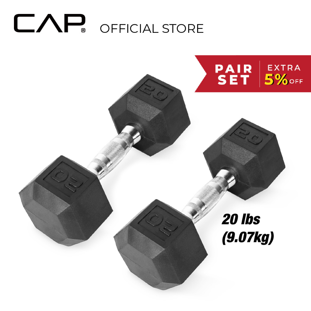 CAP Barbell (2 Pcs x 20lbs/9.1kg) Rubber Coated Hex Dumbbell Gym ...