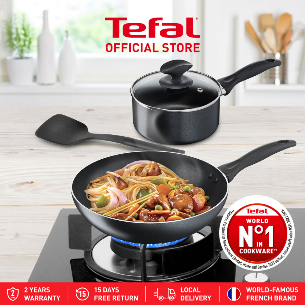 Tefal Cook & Clean 4pcs Set (Saucepan with lid 16cm + Wokpan 28cm + Small spatula) | Shopee Malaysia