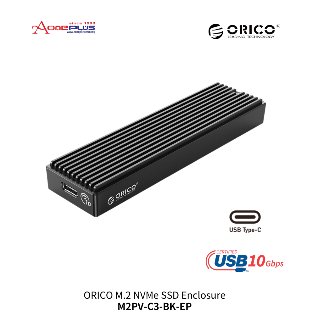 ORICO M.2 NVME TYPE-C 10Gbps ALUMINIUM ALLOY SSD ENCLOSURE (M2PV-C3-BK ...