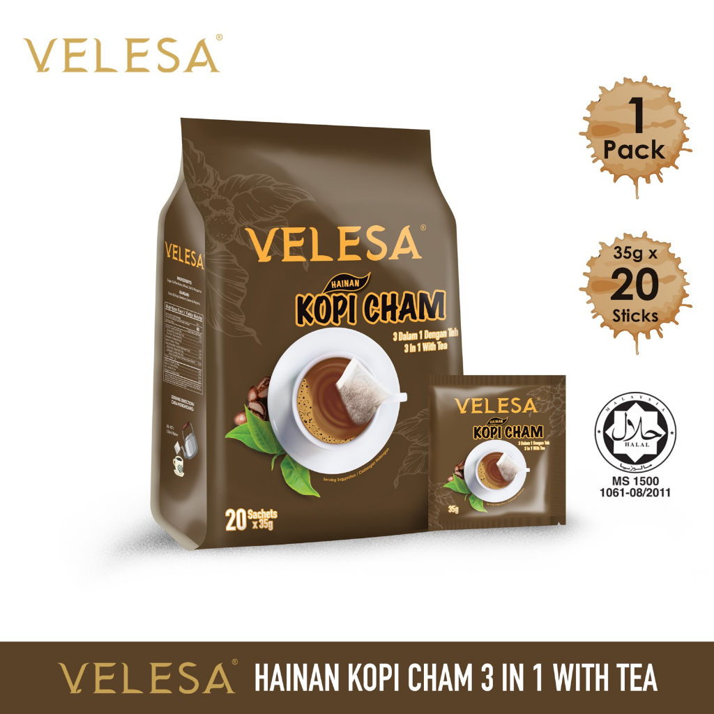Velesa Hainan Kopi Cham 3 in 1 with tea (35g x 20 sachets x 1 pack ...