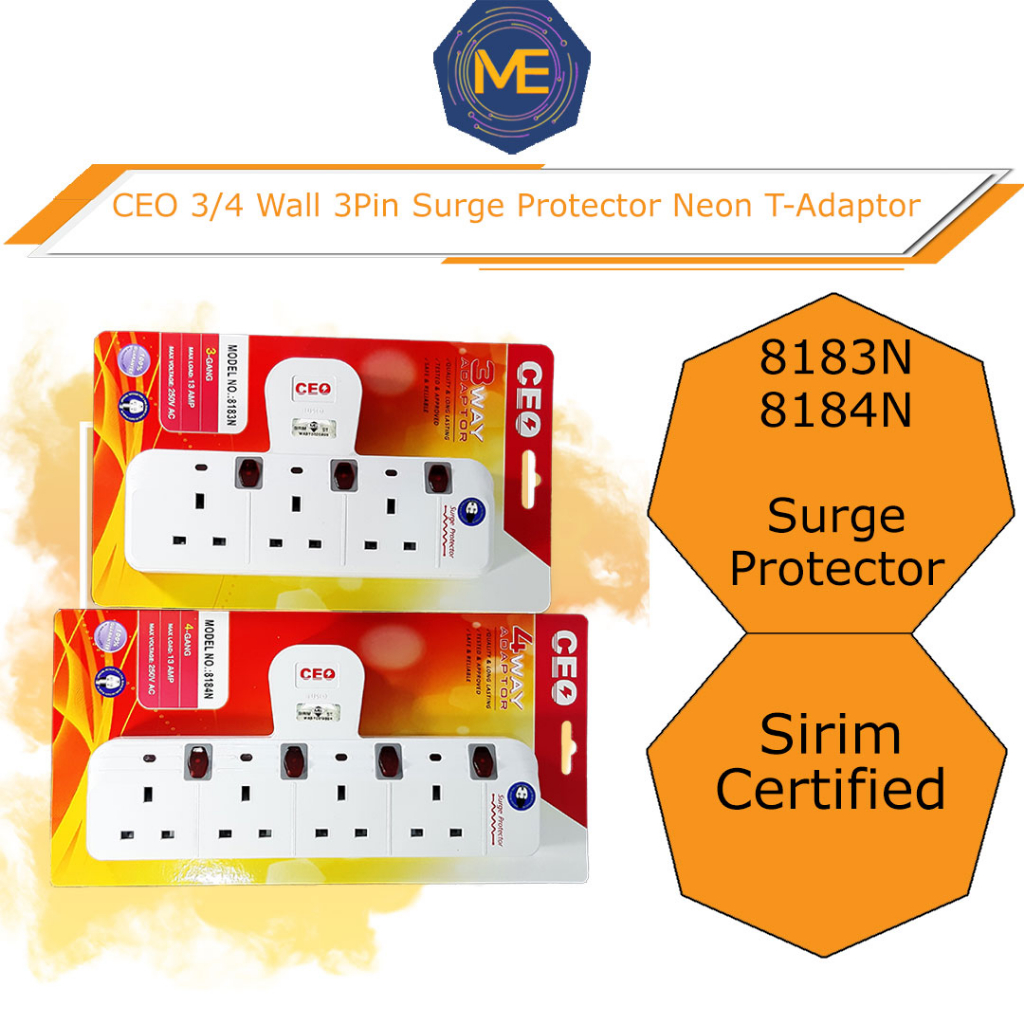 (SIRIM) CEO 3 / 4 Wall 3Pin Surge Protector Neon Indicator T-Adaptor Adaport Extension Socket ...