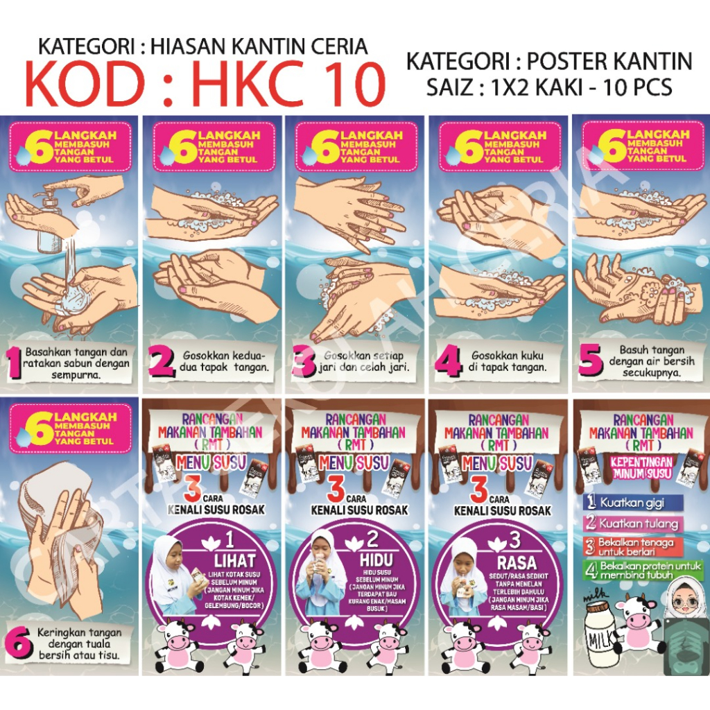10pcs Poster Keceriaan Kantin Cara Cuci Tangan & Kenali Susu Rosak ...