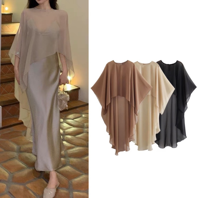 asymmetric tulle cloak strap dress v neck satin dress | Shopee Malaysia