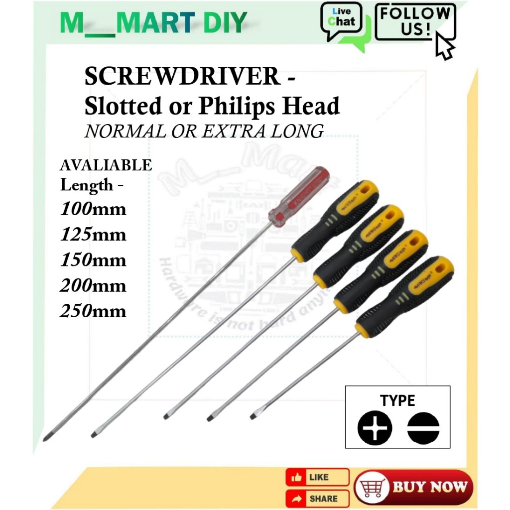 Screwdriver Chrome Vanadium Slotted or Philips Head with Length Normal ...