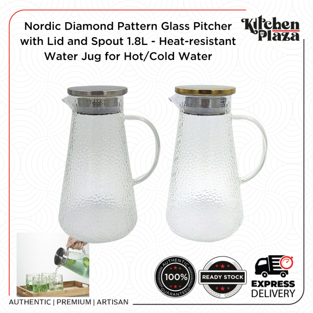 Nordic Diamond Pattern Glass Pitcher 1.8L with Lid and Spout - Heat ...