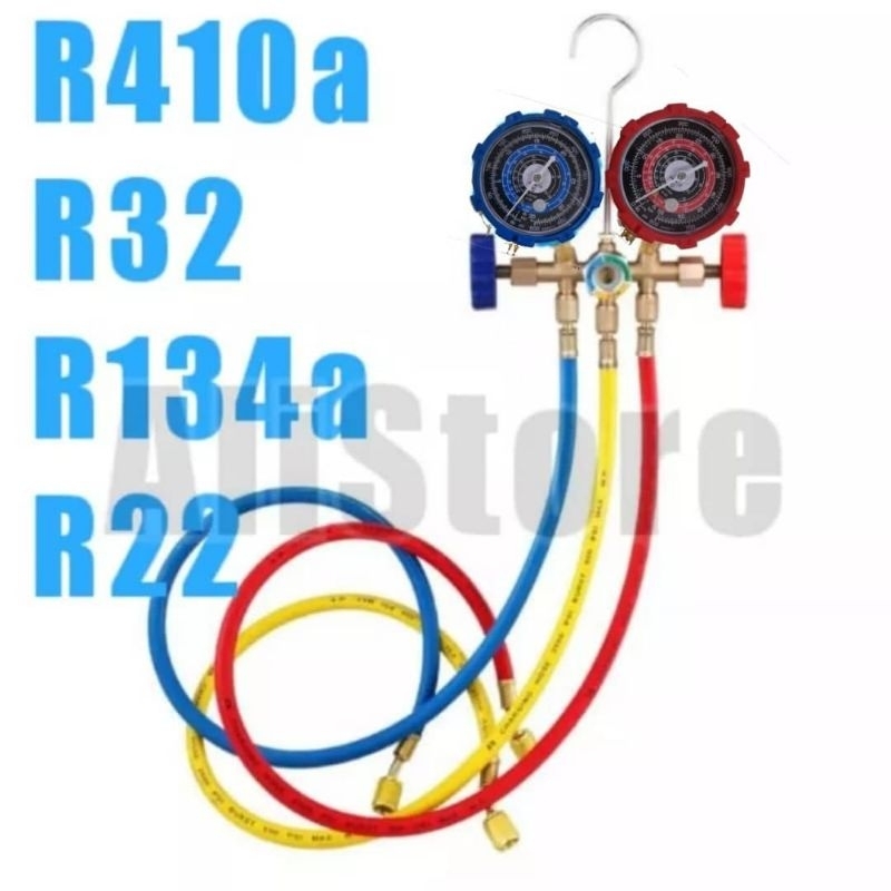 ALi Manifold Gauge R134a R32 R410a R22 R12 R404a Gas Meter + 3 Pcs Hose Aircond Penyaman Udara ...