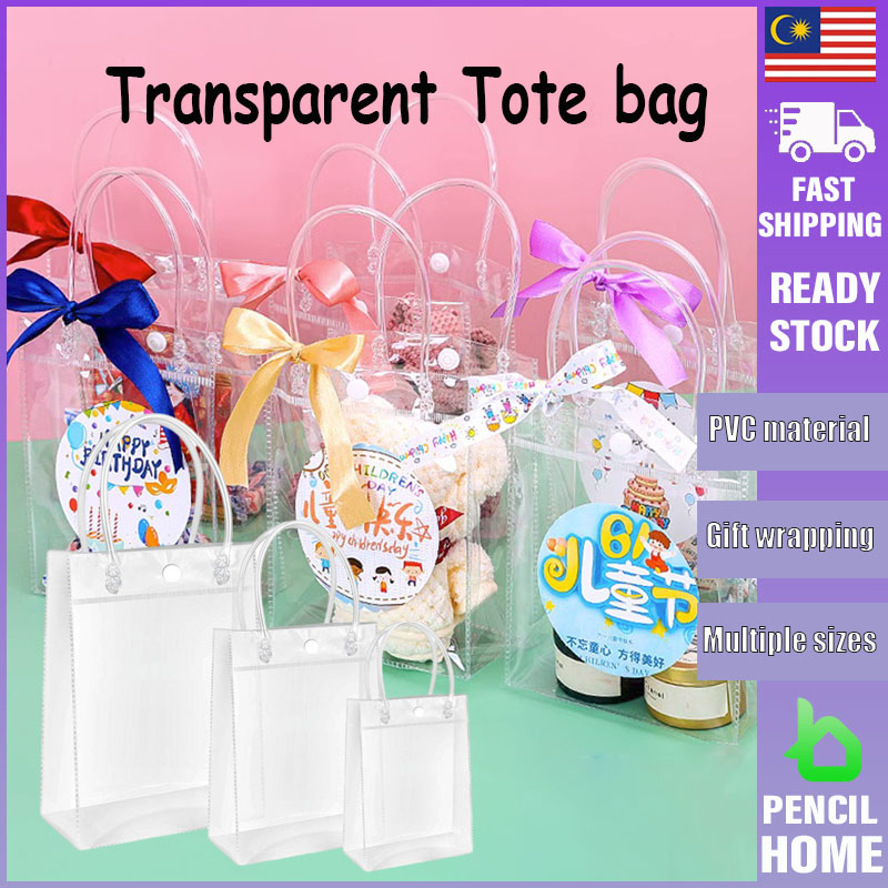 Transparent Soft PVC Gift Tote Packaging Bags with Button Hand Loop ...
