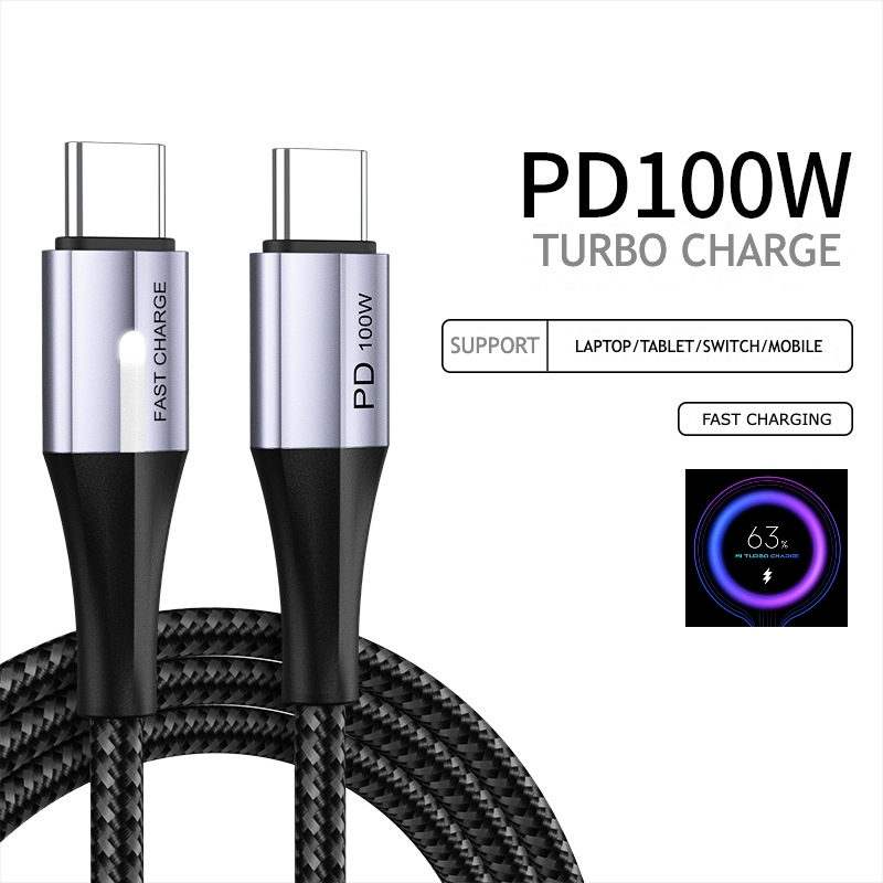 100W USB Type C Turbo Charge Cable PD QC 3.0 With LED 5A 480Mbps Data ...