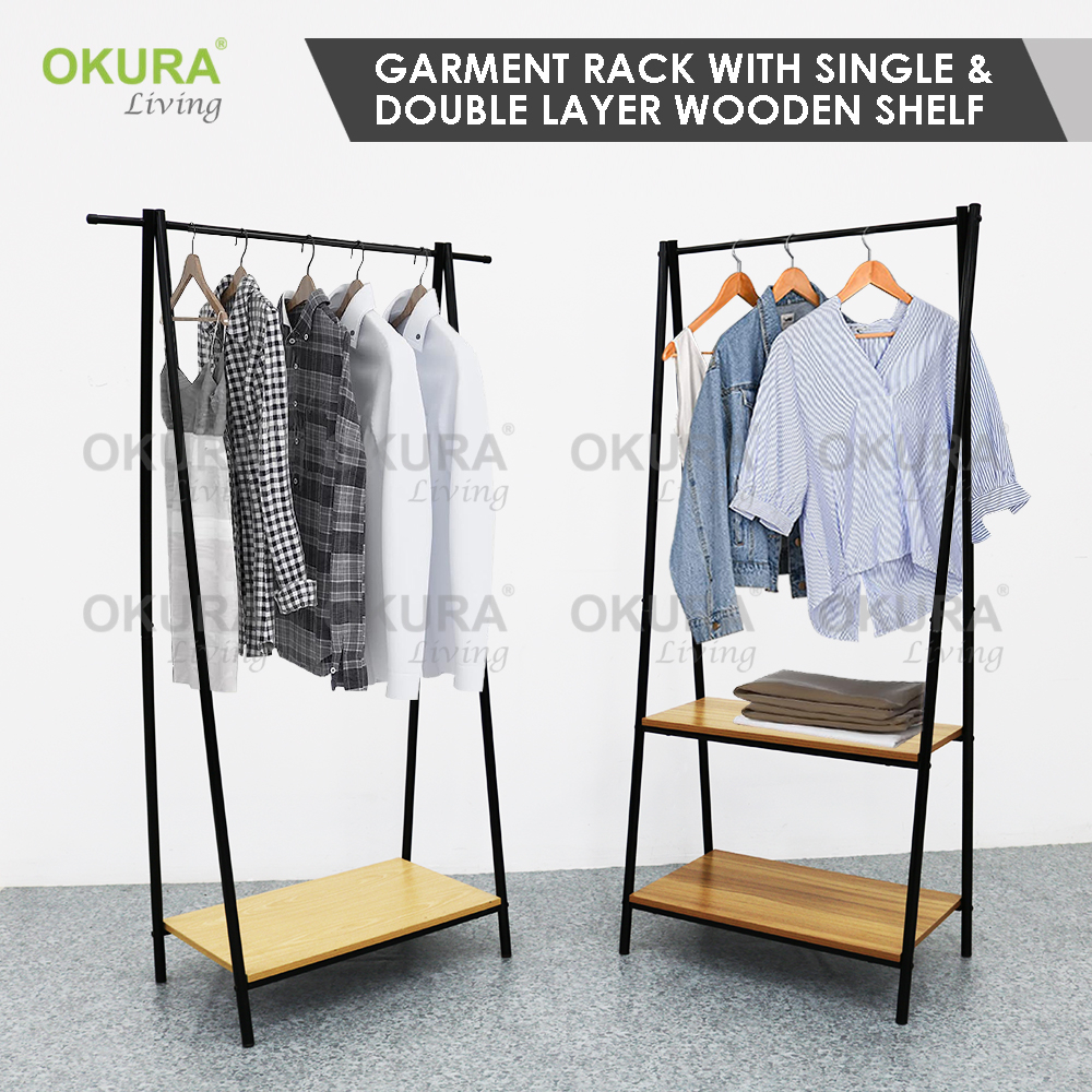 OKURA Metal Coat Rack Stand with 2 Tier Wooden Shoe Rack Storage ...