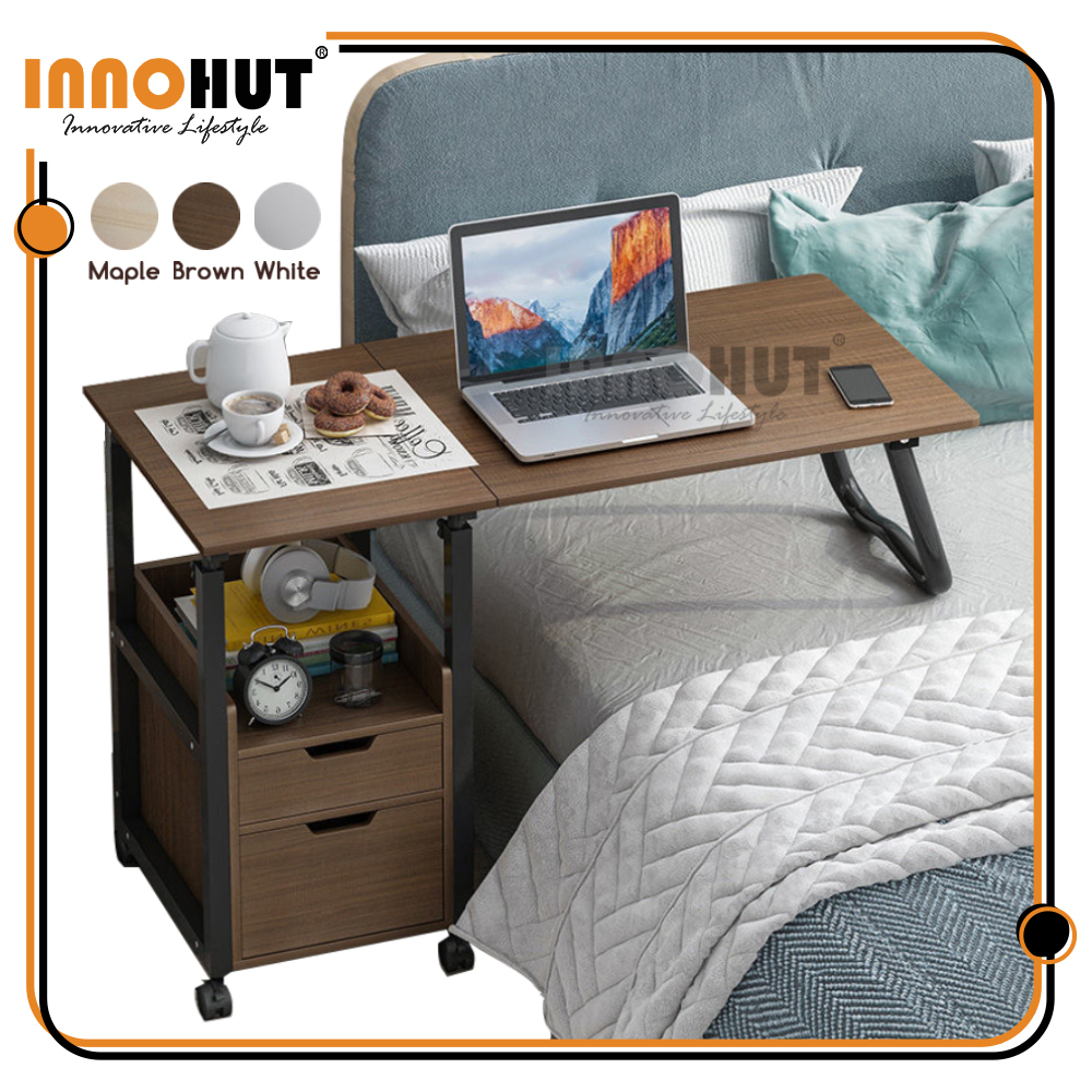 Innohut Foldable Bed Desk Bedside Laptop Moveable Table Drawer Cabinet Adjustable Overbed Table ...